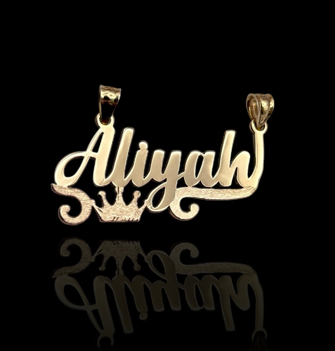 Gold Name Plate with crown and swirl – Veronica's Jewelry